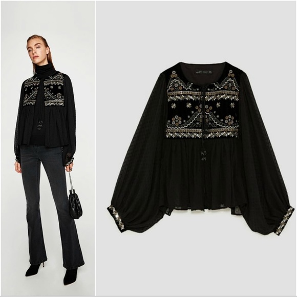 Zara | Tops | Zara Dotted Mesh Jacket With Front And Back Embroidery ...